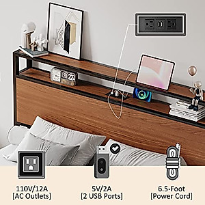 AMERLIFE Queen Size Storage Bed Frame with Charging Station, Wooden Platform with 4 Drawers & Headboard/No Box Spring Needed/Noise-Free/Cherry