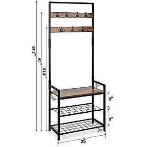 HOMEKOKO Coat Rack Shoe Bench, Hall Tree Entryway Storage Bench, Wood Look Accent Furniture with Metal Frame, 3-in-1 Design (Rustic Brown)