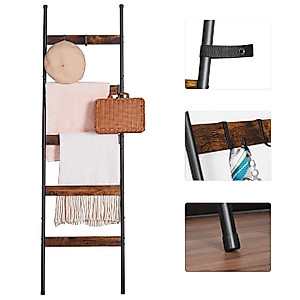 ELYKEN Blanket Ladder for Living Room, Farmhouse 5 -Tier Quilt Holder with 4 Removable Hooks for Bathroom, Wood Towel Rack Display, Wall Anchor Leaning Decorative Stand for Home Decor, Rustic Brown