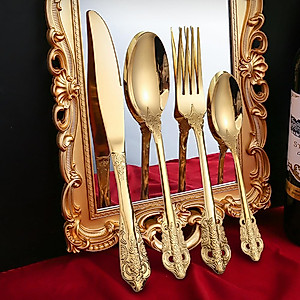Golden Michelangelo Flatware Set for 12, 48 Piece Royal Court Silverware Set, Vintage Embossed Cutlery Utensil Set Include Knife Fork Spoon, Mirror Polished, Dishwasher Safe