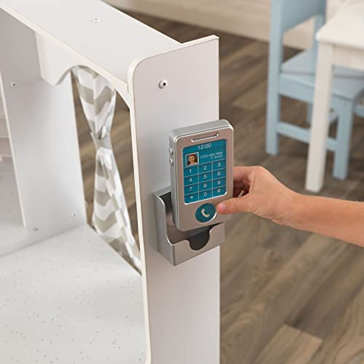 KidKraft Ultimate Corner Wooden Play Kitchen with Lights & Sounds, Play Phone and Curtains, White