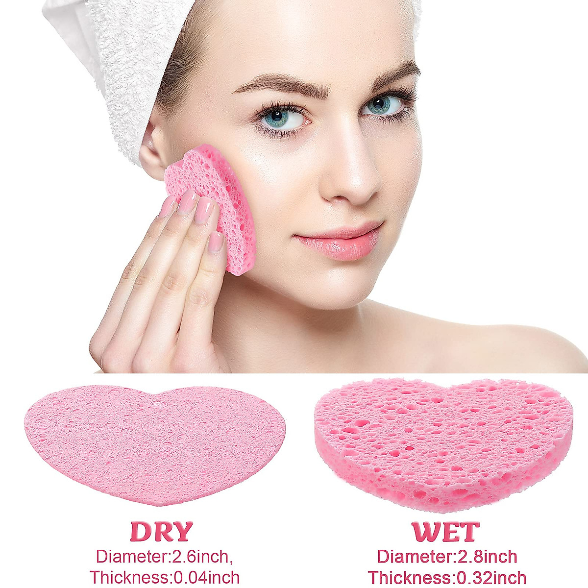 Patelai 50 Count Heart Compressed Facial Sponges Valentine's Day Pink Pads for Face Cleansing Exfoliating Makeup Remover Skincare Travel Home