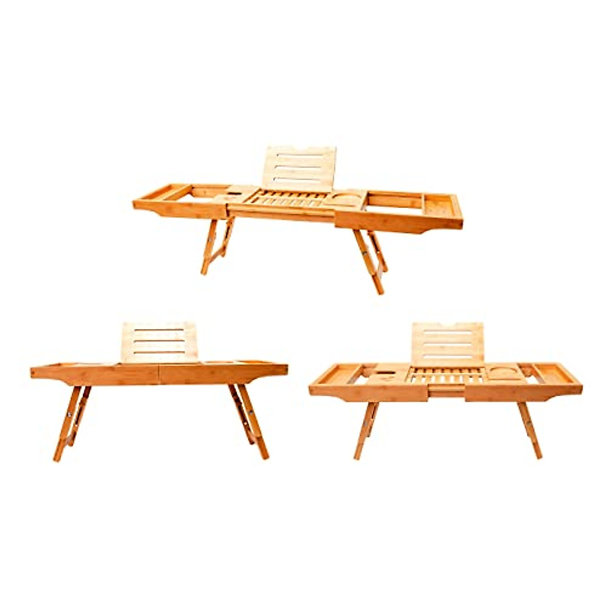 Bamboo Bathtub Tray & Bed Laptop Desk with Foldable Legs, Latest Unique Zen Design Bathtub Caddy, Top Quality Bamboo Bathtub Caddy Tray with Adjustable Legs, Wine Glass & iPad Holder by Bambooware