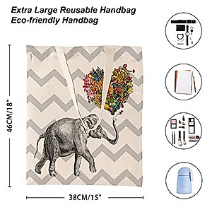 Canvas Shoulder Bag,Light Grey Geometric Ripples Elephant and Heart Flower Tote Bag for Books,Birthday Inspirational Gifts