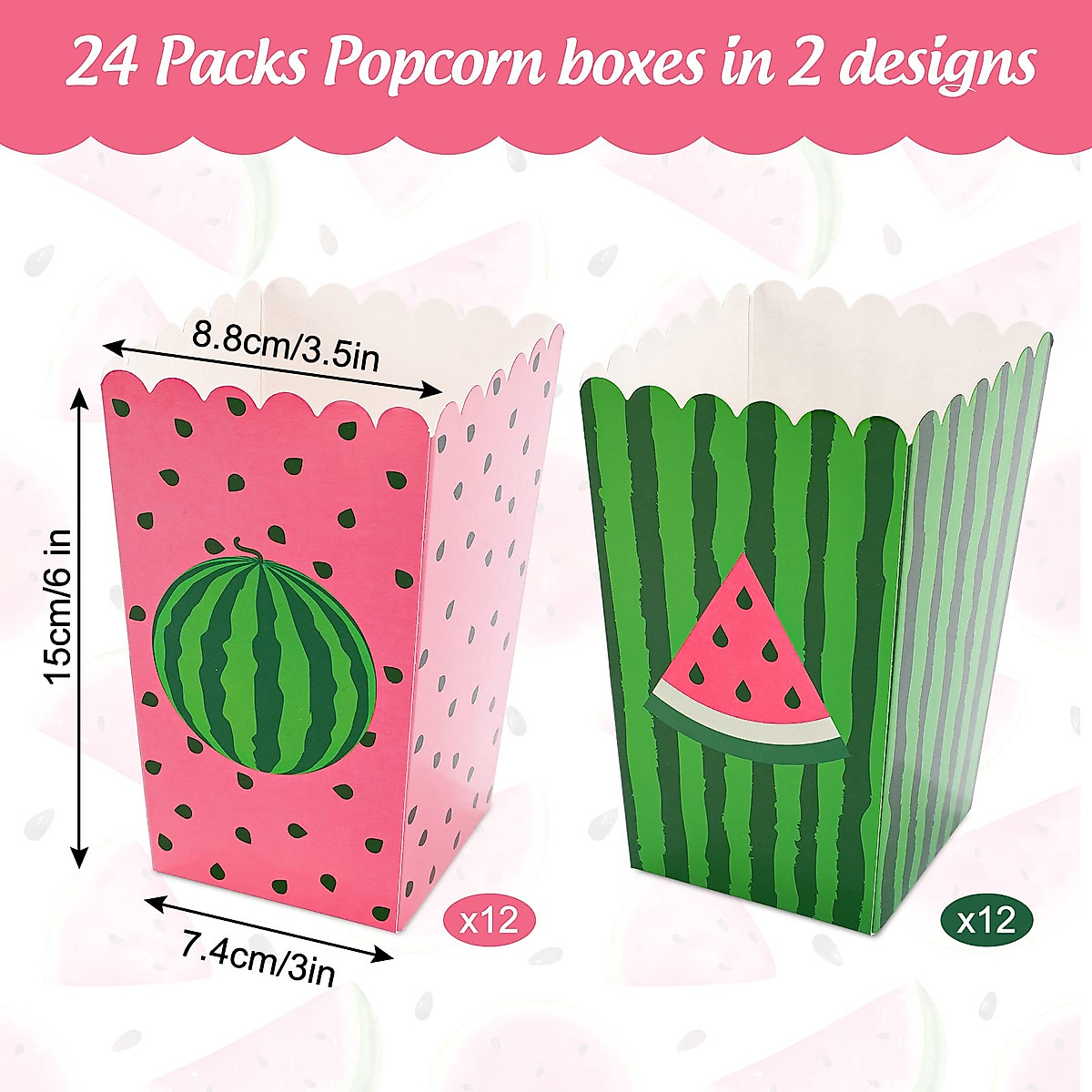 Whaline 24 Pack Watermelon Popcorn Boxes Snack Treat Favor Boxes Melon Print Candy Cookie Container for Watermelon Theme Birthday Favors Movie Night Party Supplies Decoration, 2 Design