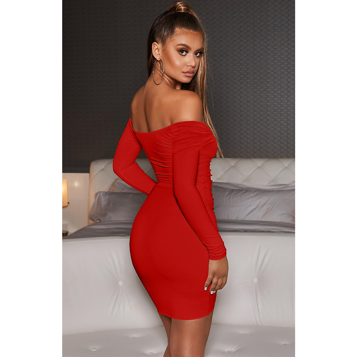XXTAXN Women's Sexy Elegant Long Sleeve Off The Shoulder Ruched Mini Dress Red