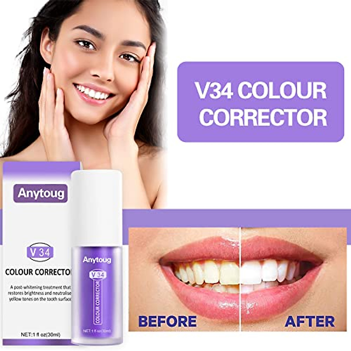 Whitening Toothpaste,Purple Toothpaste for Teeth Whitening,Colour Corrector Toothpaste,Toothpaste Whitening,V34 Toothpaste,Remove Stains,Improves Teeth Brightness and Reduce Yellowing