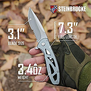 Motovecor Steinbrucke Pocket knife with 3.1”- EDCFolding Knife 9Cr18Mov High Performance Stainless Steel Partially Serrated Blade with Reversible Clip,3.3Oz Titanium coated 60-61 HRC