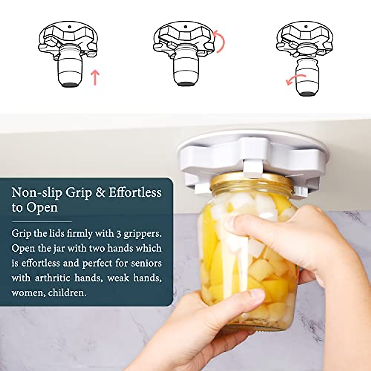 KITCHENDAO Jar Opener Under Cabinet for Weak Hands & Seniors with Arthritis, Effortless Lid Opener with 3 Grippers, Bottle Opener Can Opener Under Counter, Gift for Father Mother Grandpa Grandma Wife
