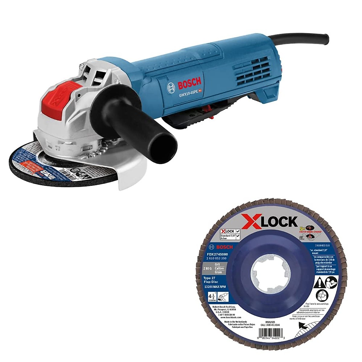 Bosch GWX10-45PE 4-1/2 In. X-LOCK Ergonomic Angle Grinder with Paddle Switch with Bosch FDX2745080 4-1/2 In. X-LOCK Arbor Type 27 80 Grit Flap Disc