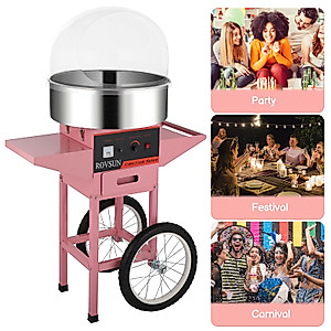 ROVSUN 21 Inch Cotton Candy Machine Cart, Electric Cotton Candy Maker Candy Floss Machine w/Cover, Stainless Steel Bowl, Sugar Scoop and Large Storage Drawer for Commercial Home Party Carnival, Pink
