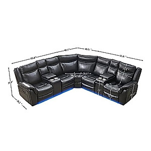 Modern Manual Reclining Motion Corner Sectional Sofa Couch ,PU Leather Upholstered Recliner Sofa & Couch W/ 2 Console Storage, 4 Cup Holders ,USB Ports and LED Stripes for Living Room Furniture Sets