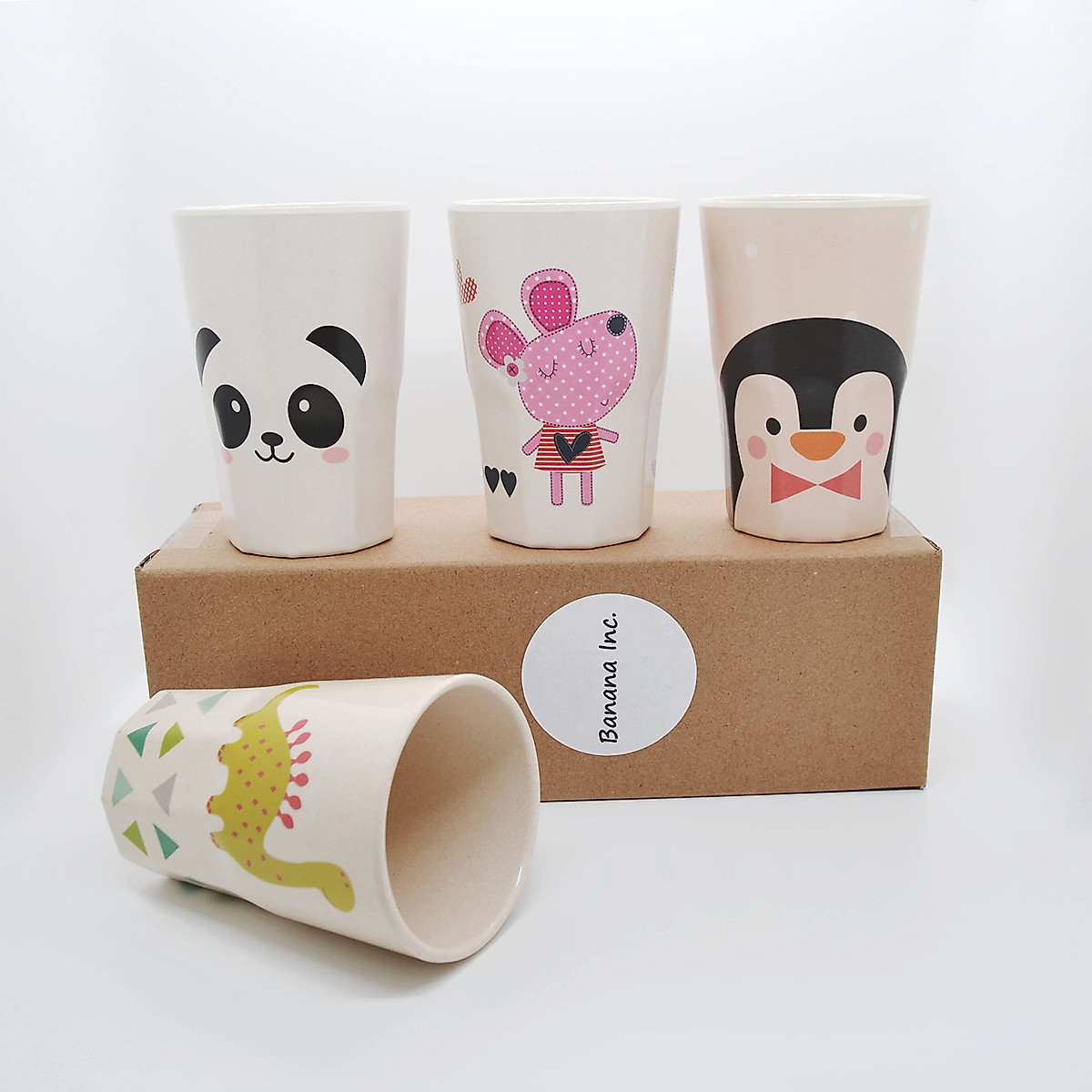 Bamboo Cups For Kids Set of 4 Cute Fun Animal 12 Oz Drinking & Snack Toddler Smoothie Bathroom Eco Friendly Organic Fibre Shatter Resistant BPA Free Dishwasher Safe, White, 4 Count (Pack of 1)