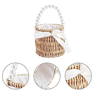 IMIKEYA Wicker Storage Basket Rattan Handbags Straw Flower Girl Basket Rustic Wedding Ring Bearer with Pearl Handle Summer Beach Tote Bag for Summer Photo Prop Wicker Hamper