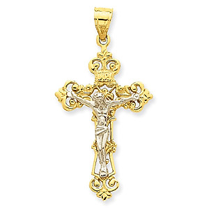 Diamond2Deal 14K White and Yellow Gold INRI Fleur De Lis Crucifix Pendant Fine Jewelry for Women (L- 47 mm W- 23 mm)