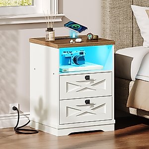 HOOBRO Nightstand with Wireless Charging Station and LED Lights, Farmhouse End Table with 2 Drawers and Open Shelf, Smart LED Side Table with Wireless and USB for Bedroom, Antique White WH140UDBZ01