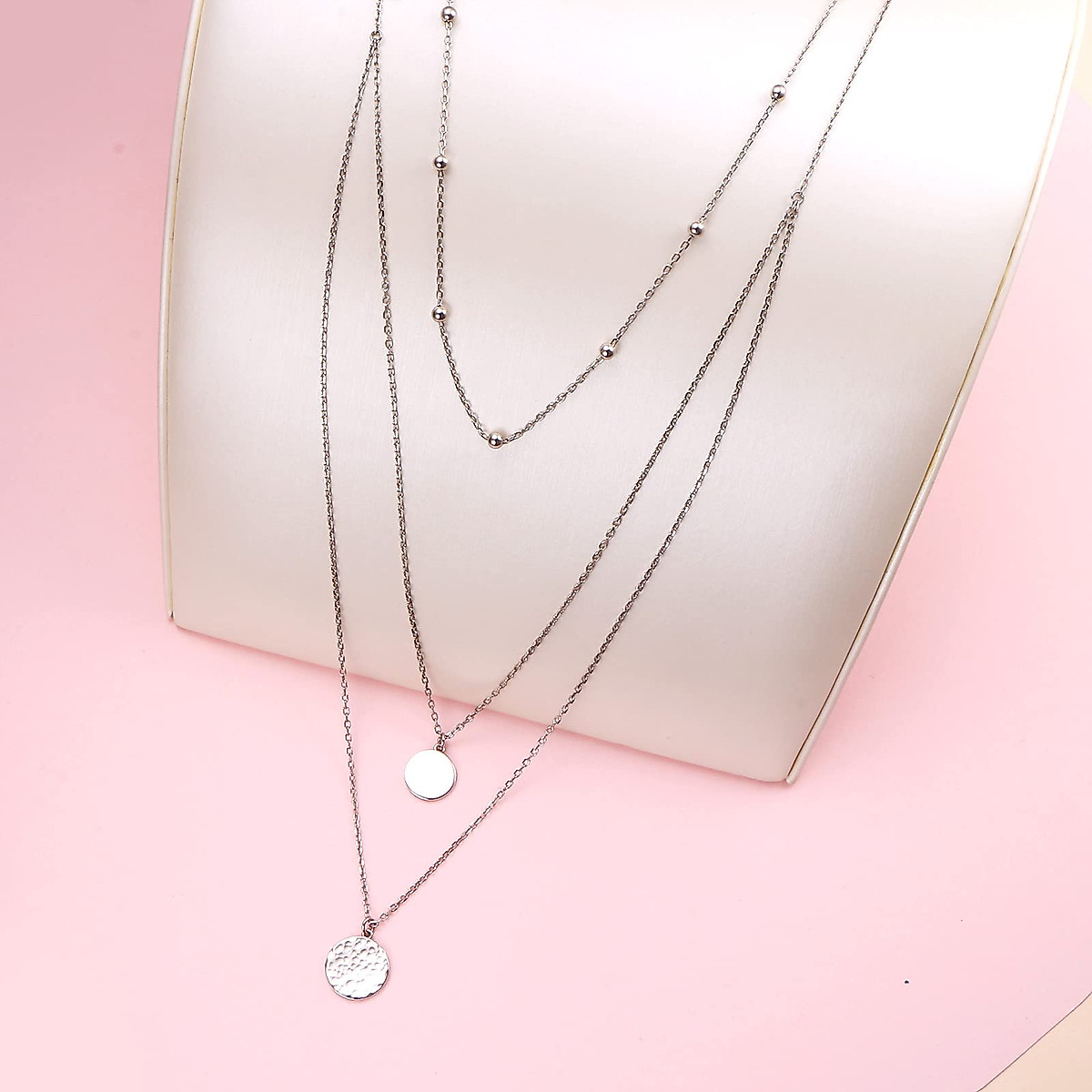FLYOW Multi Layered Choker Necklace S925 Sterling Silver Coin Beaded Hammered Disc Long Chain Dainty Pendant Necklace for Women