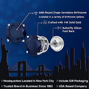 Gem Stone King 14K White Gold Blue Sapphire Stud Earrings For Women | 2.00 Cttw | Gemstone Birthstone | Round 6MM | Gold Earrings for Women