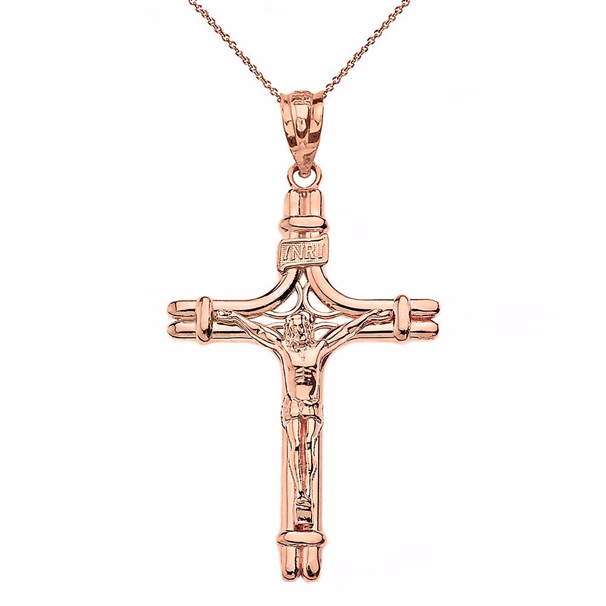 CaliRoseJewelry 10k INRI Crucifix Jesus on The Cross Pendant Necklace in Rose Gold, 18"