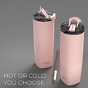 asobu Aqualina Stainless Steel Insulated Water Bottle with Interchangeable Hot and Cold Lid and Built in Straw (Pink)