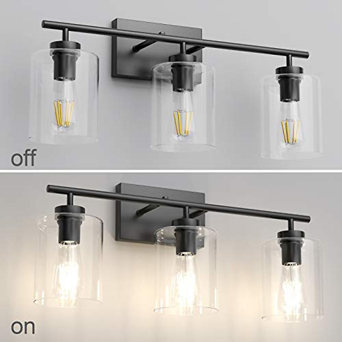 Aipsun 3 Lights Black Vanity Light Fixtures Over Mirror with Clear Glass Shades Industrial Wall Light Fixture for Bathroom(Exclude Bulb)