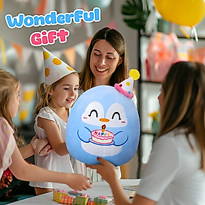 Houwsbaby 12'' Blue Happy Birthday Penguin Plush Pillow,Penguin Stuffed Animal Toy Holding a Cake,Cute Birthday Gift Decoration for Kids' Birthday Parties Boys Girls