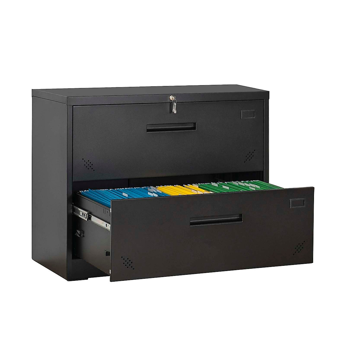 Modern Metal Lateral File Cabinet with Lock, Locking Wide File Cabinet with Large Drawer, Large Deep Storage Cabinet Locked by Keys for Home Office Letter/Legal/F4/A4 Size (Black2)