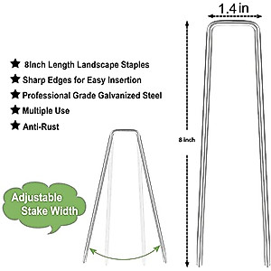 U&MEI Landscape Staples, 8" Heavy-Duty Garden Stakes Ground Landscape Pins,U-Shaped Galvanized Securing Weed Fabric Landscape Fabric Netting Ground Sheets and Camping Tent 50 Pack (8.0inch)