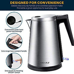 Secura Double Wall Stainless Steel Electric Kettle Water Heater for Tea Coffee w/Auto Shut-Off and Boil-Dry Protection, 1.5L/1.6Qt, Black