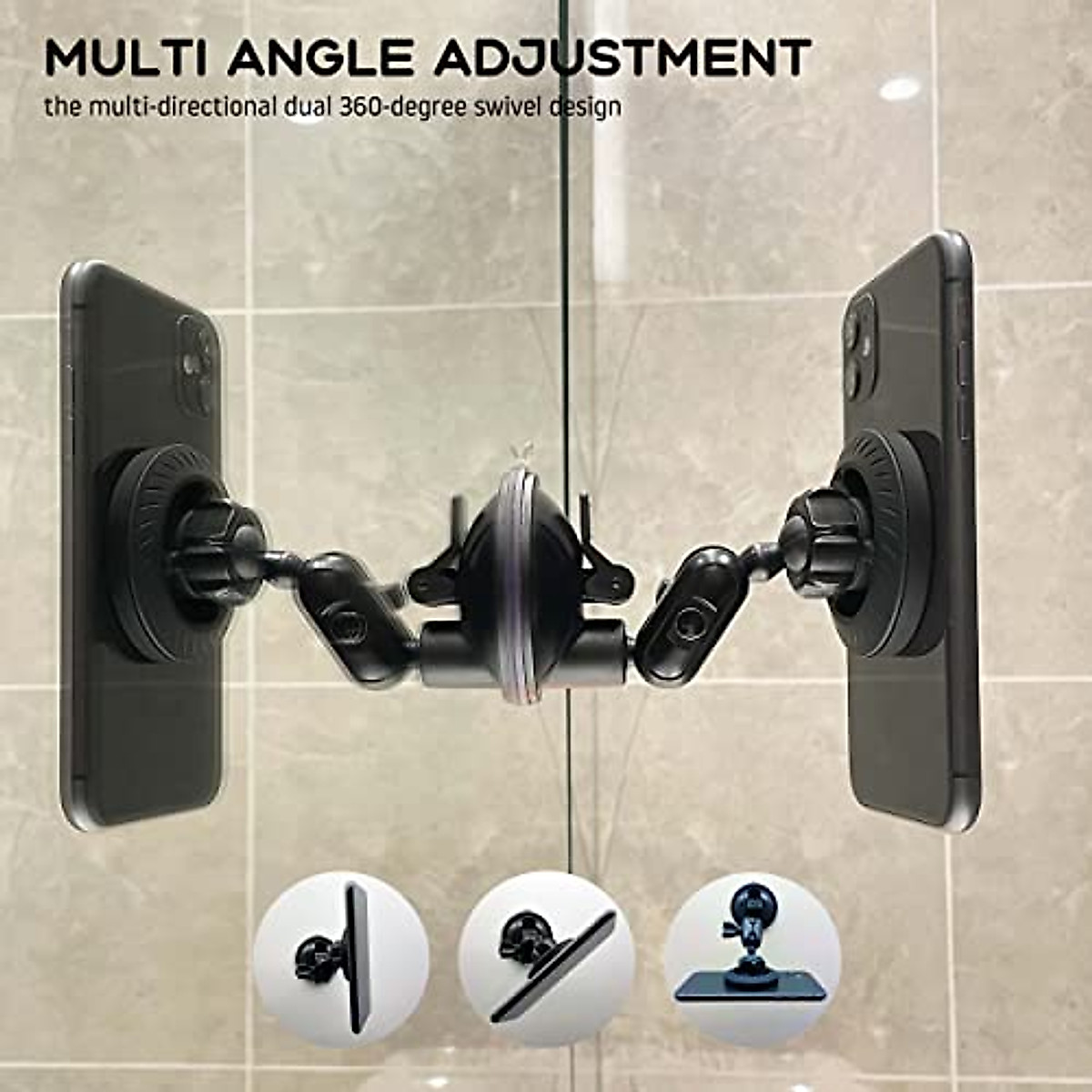 Quyee Magnet Mirror/Shower Phone Holder, Suction Cup Phone Wall Mount for iPhone 14 13 12 11 Pro Max Mini XS XR/Magsafe Case/Magsafe Ring, Gifts for Men Women Kids