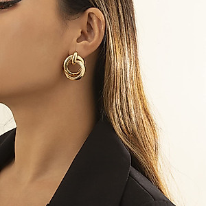 BETHYNAS Twisted Earrings Round Double Circle Stud Earrings Statement Chunky Polished Drop Hoop Earrings for Women Girls (Gold)