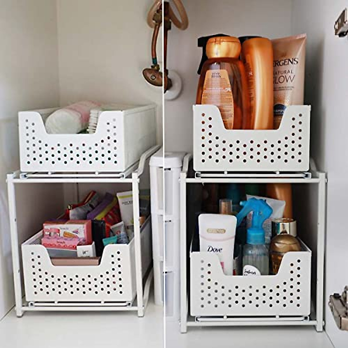 2 Pack Stackable 2-Tier Metal Under Sink Cabinet Organizer with Sliding Storage Drawers with Hooks and LED Strip Lights,White