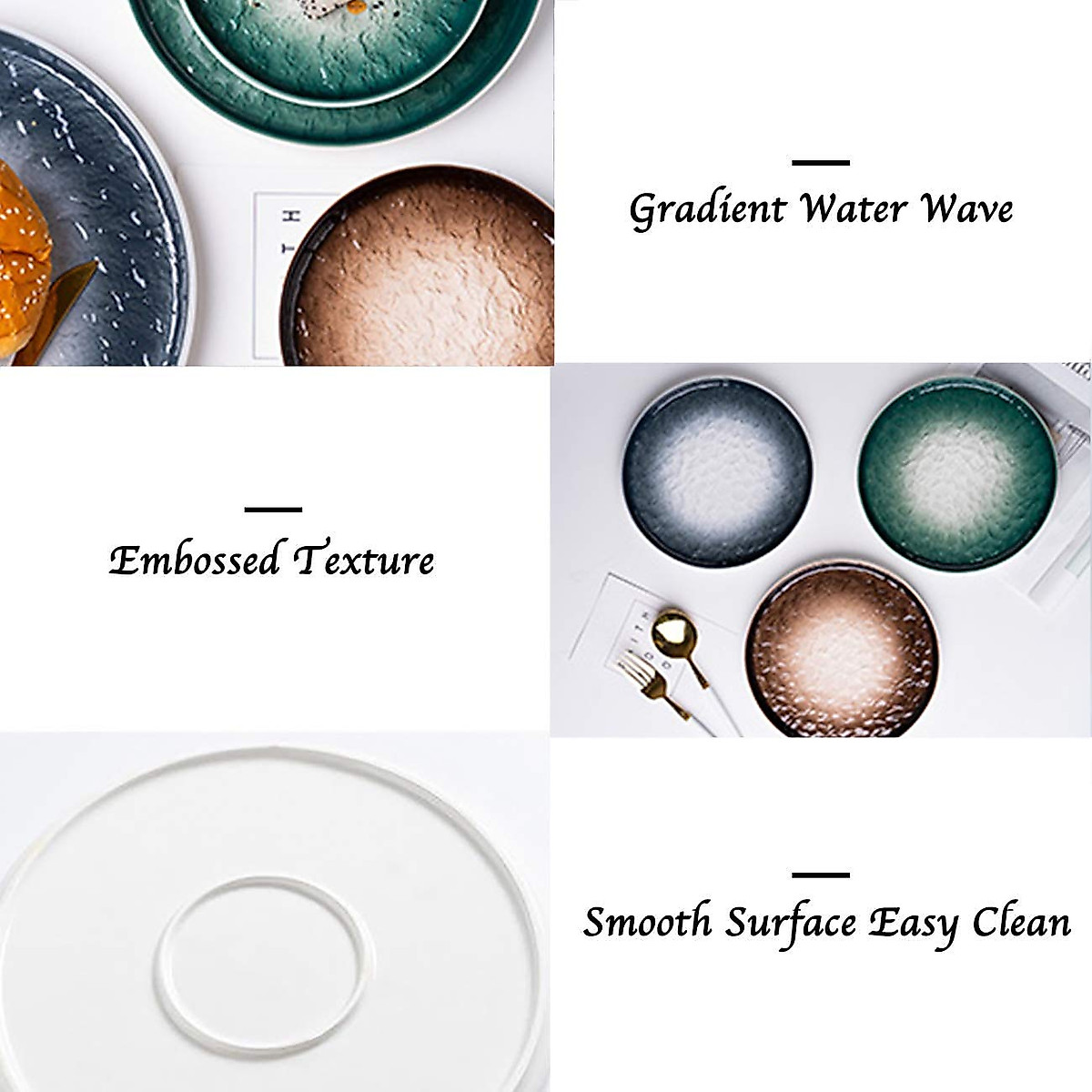 Eglaf 6'' Ceramic Small Appetizer Plates - Porcelain Gradient Water Wave Embossed Texture - Dessert Plates for Tea Party, Cake, Ice cream, Waffles, Apple Pie, Snacks (Set of 6-3 Colors Mix)