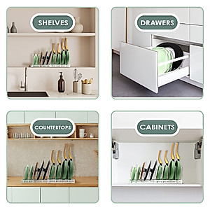 taabooh Adjustable Pot And Pan Organizer Rack - Aesthetic Pot Lid Organizer Rack - Durable Cookware Rack And Baking Pan Organizer - Expandable Horizontal Frying Pan Organizer With 10 Dividers