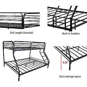 Anwickhomk Metal Bunk Bed Twin Over Full Size,Heavy Duty Floor Bunk Beds Frame with Enhanced Upper-Level Guardrail and Ladder for Boys Girls Adults Dormitory Bedroom,No Box Spring Needed,Black