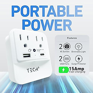 Tech2 Surge Protector with Night Light, 2 Outlet Power Strip with 2 (Smart 2.4A Total) USB-A and C Ports Adapter for Home, School, or Office