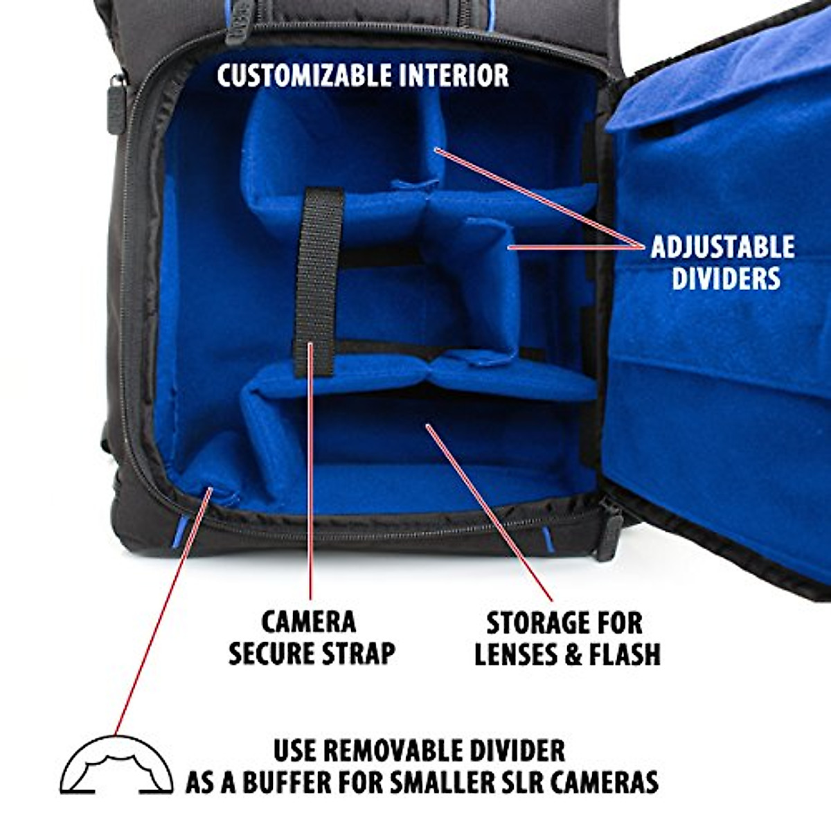 USA GEAR DSLR Camera Backpack Case - 15.6 inch Laptop Compartment, Padded Custom Dividers, Tripod Holder, Rain Cover, Long-Lasting Durability and Storage Pockets - Compatible with Many DSLRs (Blue)