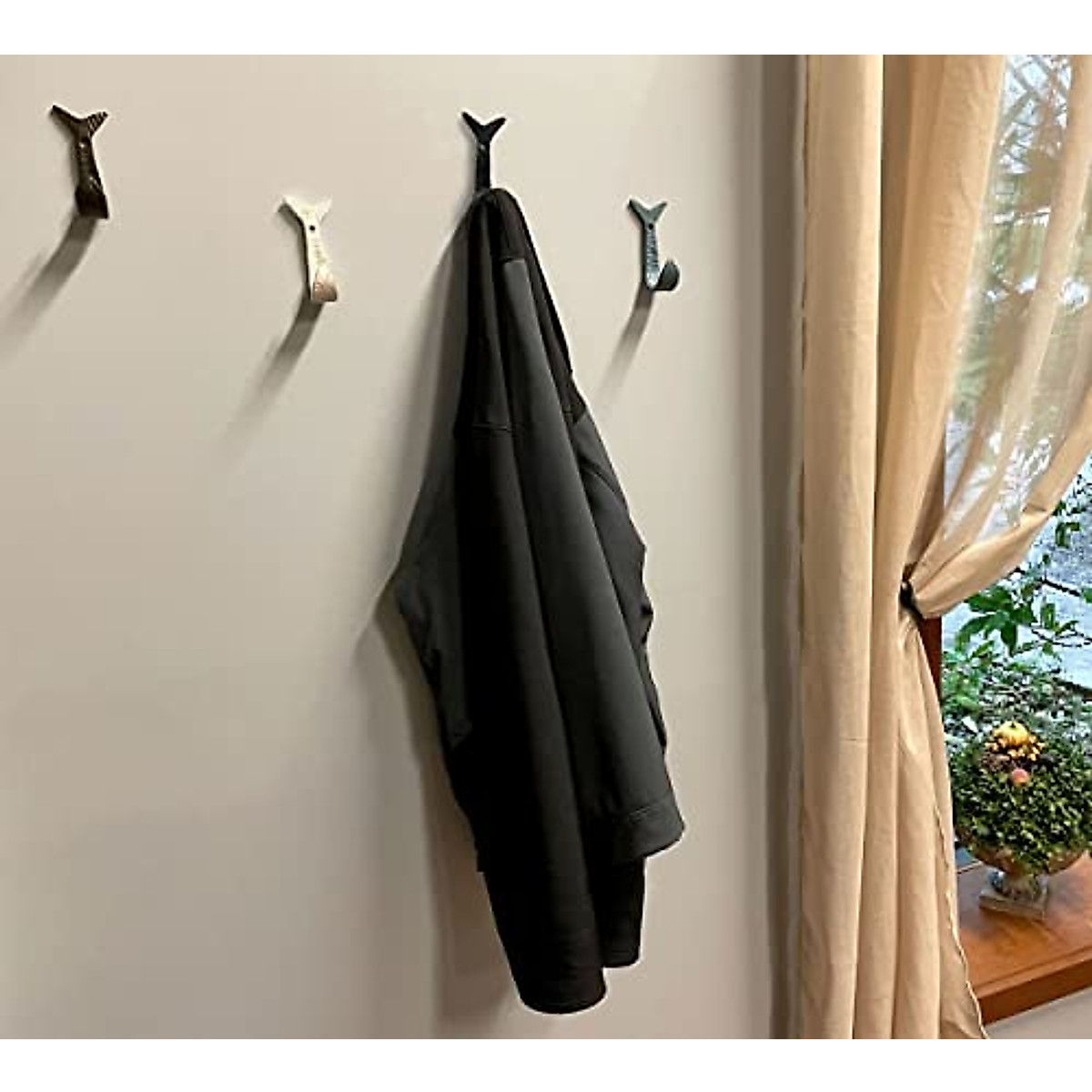 Zeckos Set of 4 Coastal Color Cast Iron Flipping Fish Decorative Wall Hooks Ocean Décor 4 Inches High