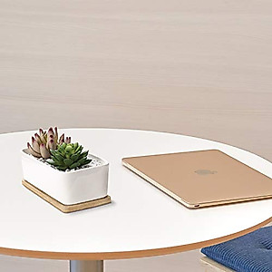 OAMCEG 2 Pack Succulent Plant Pots 6 Inch Rectangular Ceramic Planters, Set of 2 White Cactus Container, Bonsai Pots, Flower Pots with Drainage Hole & Bamboo Tray (Plants NOT Included)