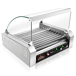 Olde Midway PRO30 Electric Grill Cooker Machine, 30 Hot Dog 11 Roller with Cover, Commercial Grade, Stainless Steel
