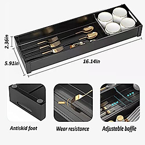 Black Kitchen Drawer Organizer with Two Adjustable Compartments,Flatware Organizer for Silverware,Cutlery or Kitchen Gadgets,Aluminum Body, Plastic Sliding Partition Plate and Handles (5.9W×16.14L)