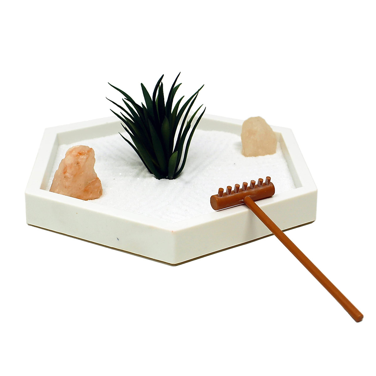 Nature's Mark Mini Zen Garden Kit for Desk with White Sand, Rake, White Base, Salt Rock and Air Plant (Round)