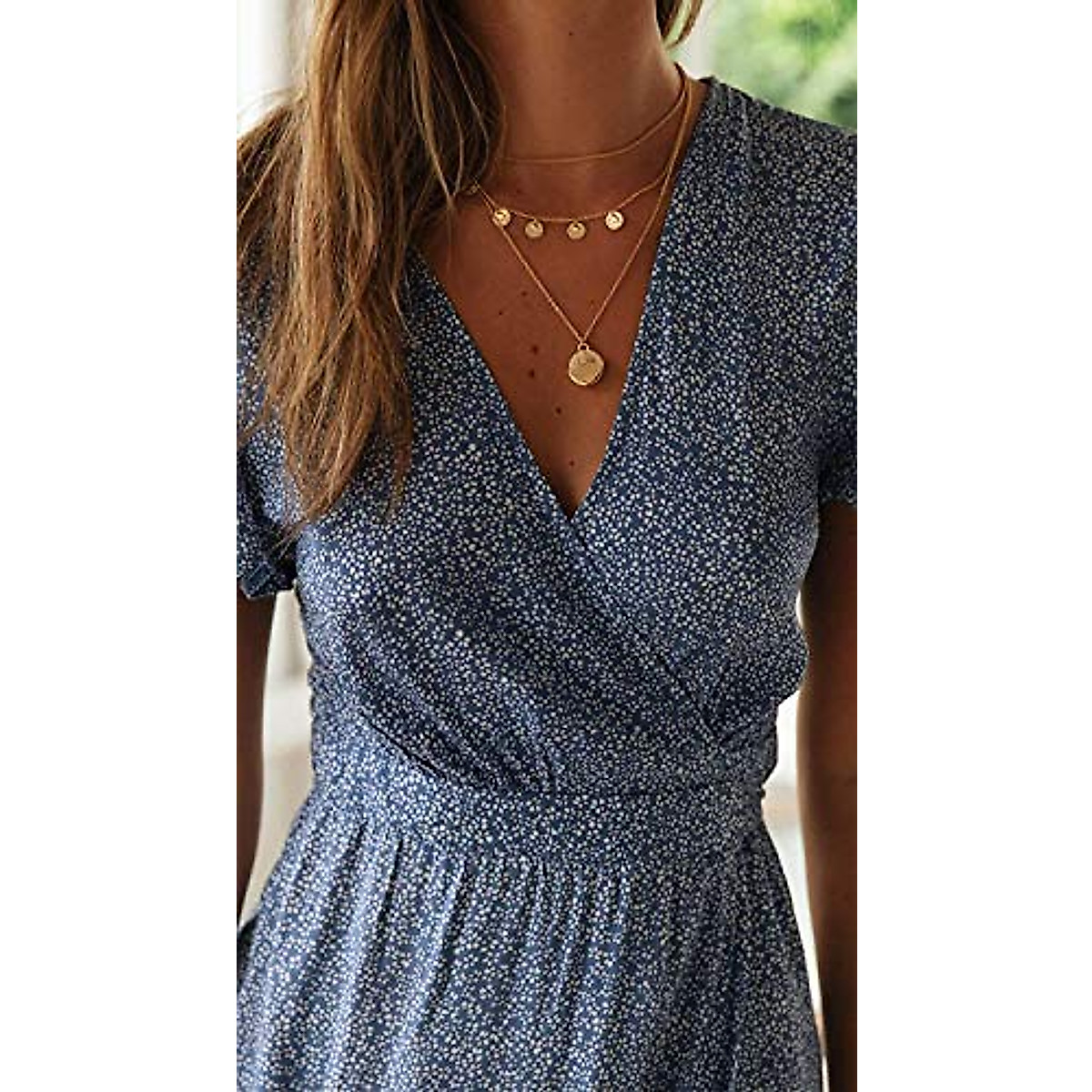 ZESICA Women's 2023 Bohemian Floral Printed Wrap V Neck Short Sleeve Split Beach Party Maxi Dress,Light BlueFloral,Small