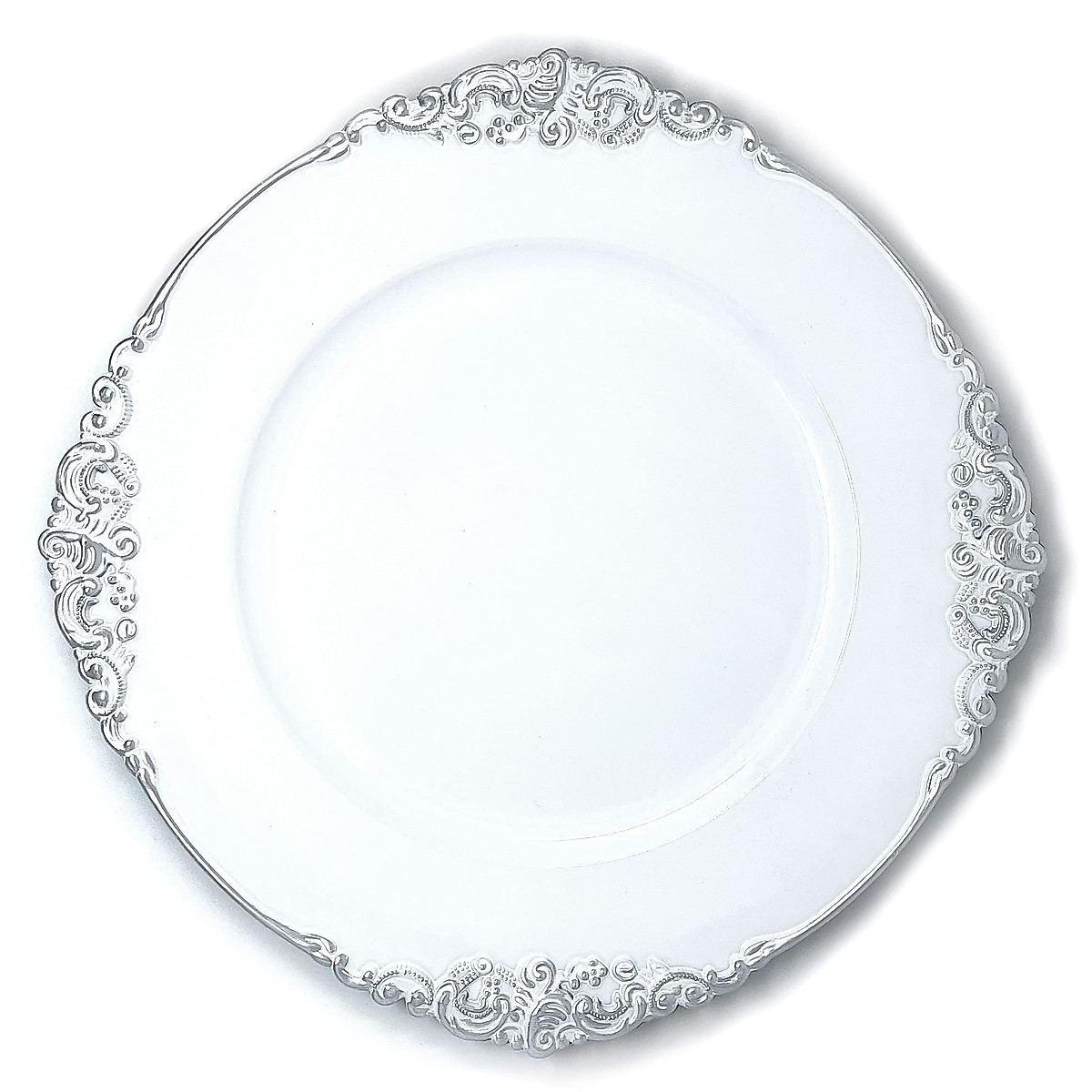 allgala 13-Inch 6-Pack Heavy Quality Round Charger Plates-Floral White Silver Trim-HD80342