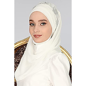 Aisha's Design Chiffon Hijab Shawl for Women Muslim, Turban Scarf with Lace Accessories, Off-White-Silver