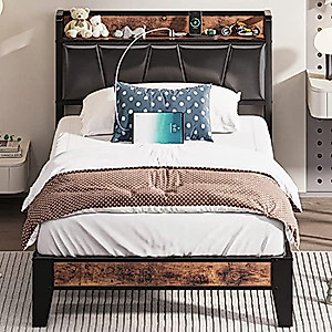 LIKIMIO Twin Bed Frame, Storage Headboard with Charging Station, Solid and Stable, Noise Free, No Box Spring Needed, Easy Assembly (Vintage and Black)