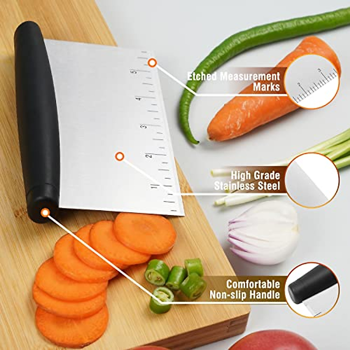 Elyum Bench Scraper 6 Inch Stainless Steel Dough Scraper with Contoured Grip Dough Cutter with Measuring Markings Multipurpose Food Scraper for Pastry Dough Pizza Cake Bread