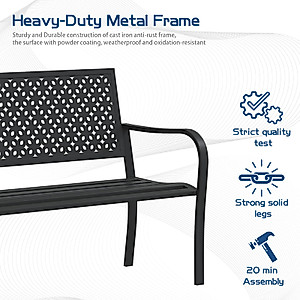 Maemttes 50 Inch Heavy-Duty Outdoor Bench, Metal Weatherproof Garden Bench with Decorative Backrest Anti-Rust Cast Iron Patio Bench for Park, Porch…