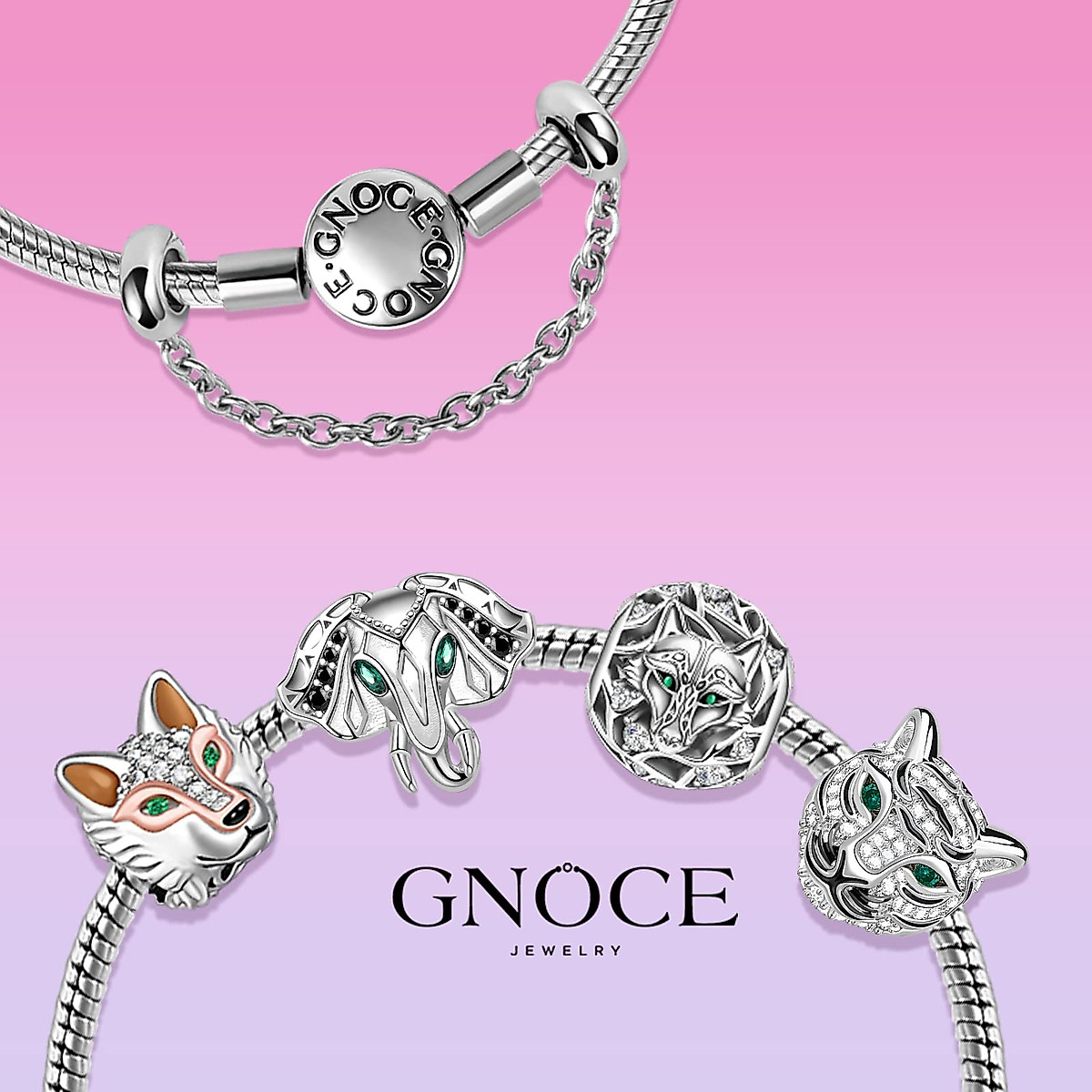 GNOCE Wolf Charm Bead 925 Sterling Silver Inlaid with Crystal Zircon Stons Jewelry Gift For Women Wife Fit Bracelets/Necklace