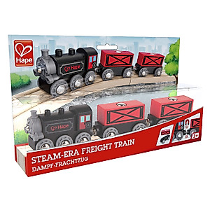 Hape Steam-Era Freight Train | Classic Black & Red Children’s Locomotive Toy with Unloadable Freight Wagons